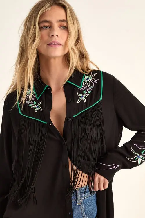 Nasty Gal Fringe Western Button Down Shirt - Black