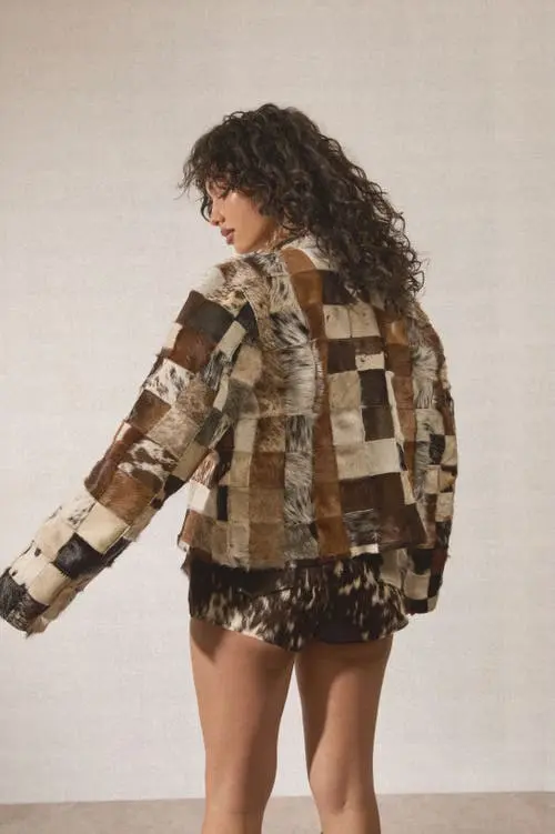 Nasty Gal Patchwork Cow Hide Real Leather Jacket