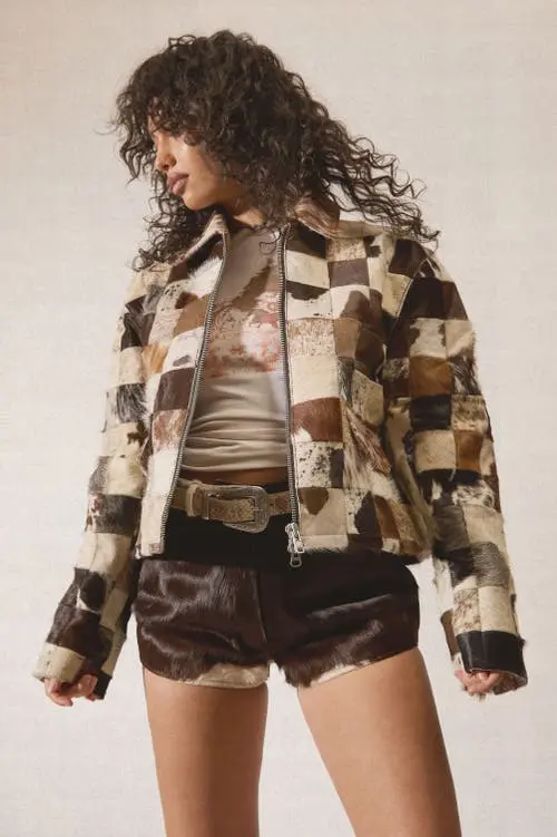 Nasty Gal Patchwork Cow Hide Real Leather Jacket