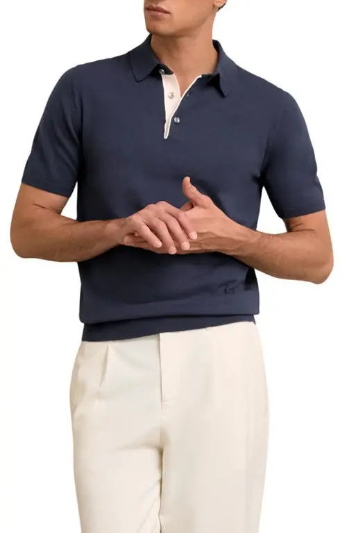 REISS Finch Short Sleeve Linen & Cotton Polo Sweater - Navy