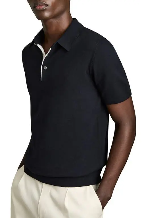 REISS Finch Short Sleeve Linen & Cotton Polo Sweater - Navy