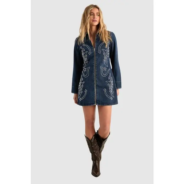 Nasty Gal Studded Zip Front Denim Mini Dress - Authentic Midwash