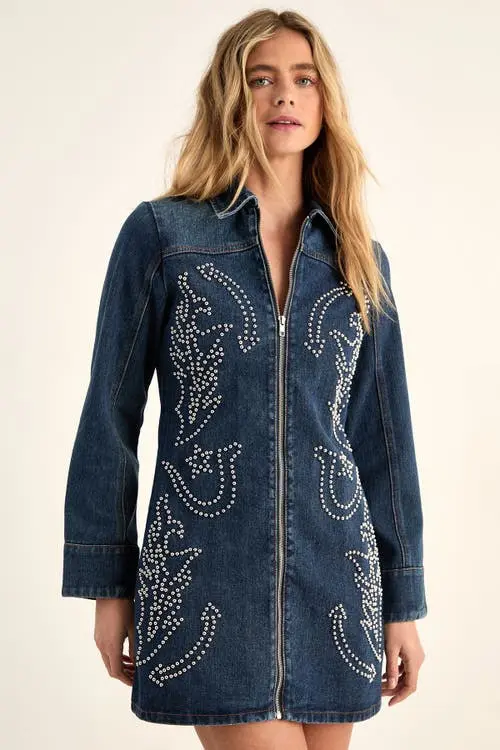 Nasty Gal Studded Zip Front Denim Mini Dress