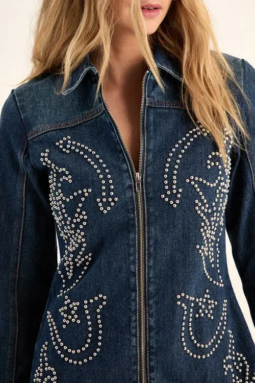 Nasty Gal Studded Zip Front Denim Mini Dress