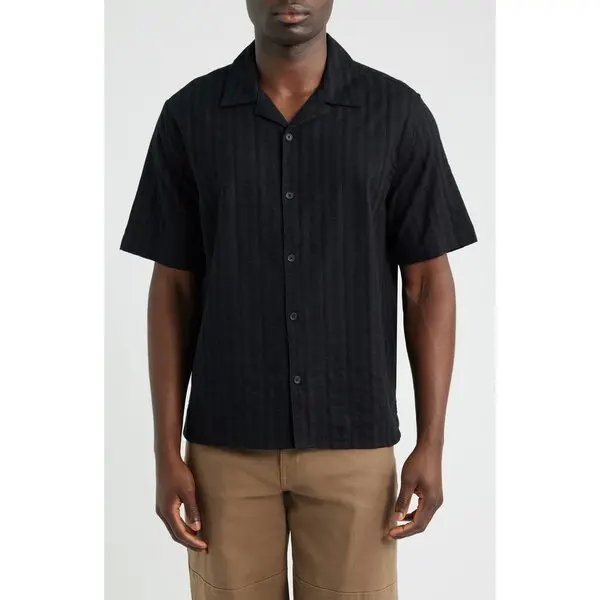 WAX LONDON Didcot Tonal Dobby Stripe Camp Shirt - Black