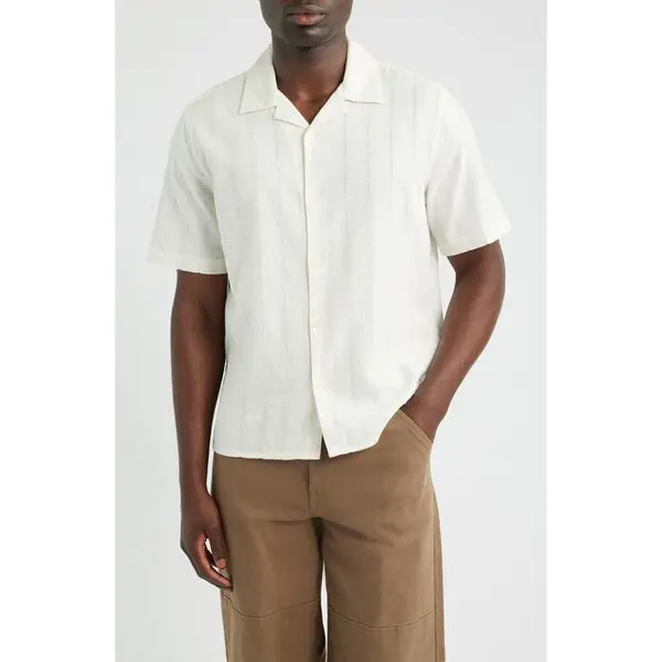WAX LONDON Didcot Tonal Dobby Stripe Camp Shirt - Ecru