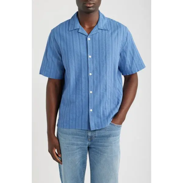 WAX LONDON Didcot Tonal Dobby Stripe Camp Shirt - Mid Blue