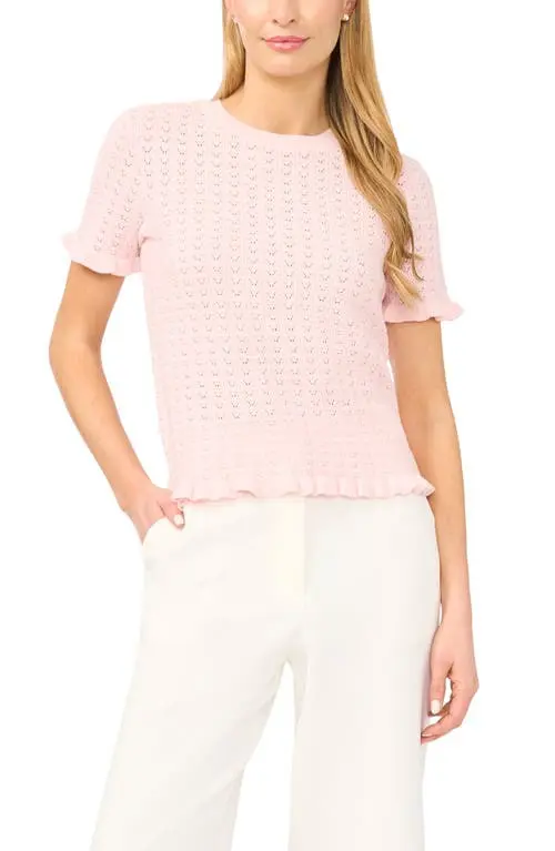 Halogen Ruffle Trim Pointelle Stitch Short Sleeve Sweater - Potpourri