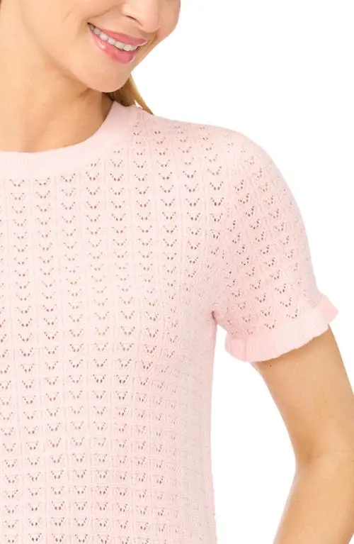 Halogen Ruffle Trim Pointelle Stitch Short Sleeve Sweater - Potpourri