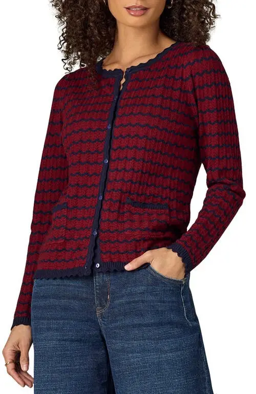 Wit & Wisdom Stripe Round Neck Cardigan - Fired Brick/navy