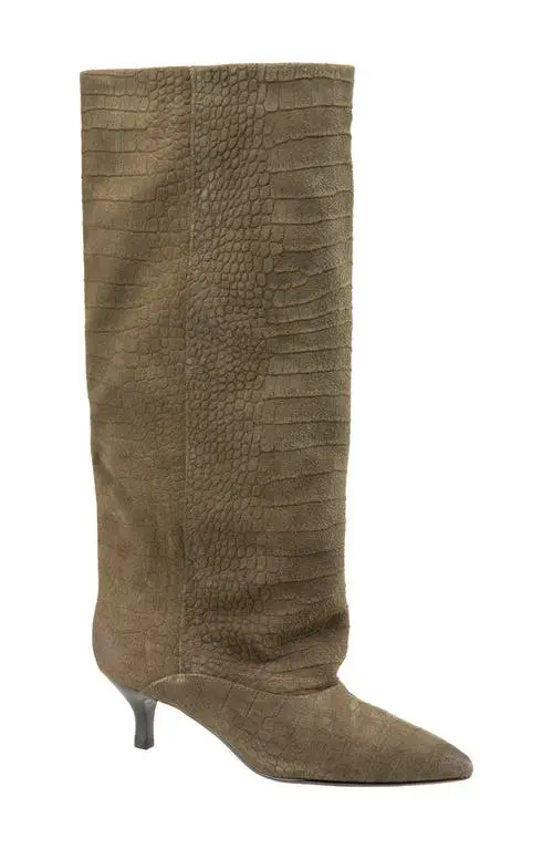 KENNETH COLE Knee High Pull-on Kitten Heel Pointed Toe Boots - Olive Embossed Suede