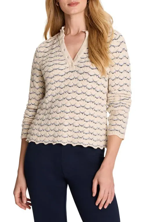 NIC+ZOE Scalloped Tuck Stitch Cotton Crop Sweater - Cream Multi