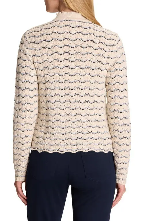 NIC+ZOE Scalloped Tuck Stitch Cotton Crop Sweater - Cream Multi