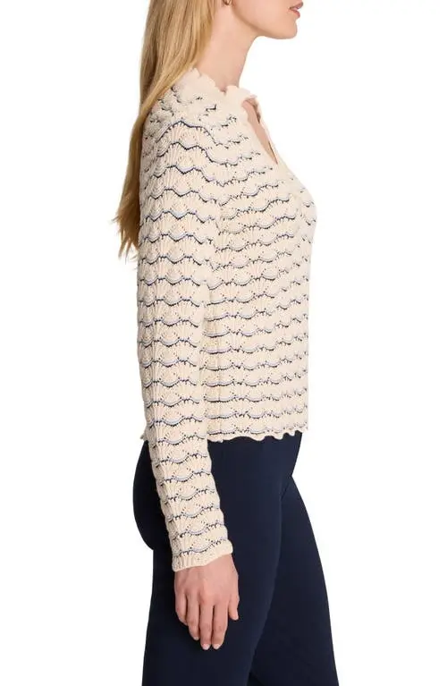 NIC+ZOE Scalloped Tuck Stitch Cotton Crop Sweater - Cream Multi