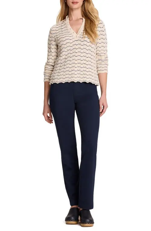 NIC+ZOE Scalloped Tuck Stitch Cotton Crop Sweater - Cream Multi