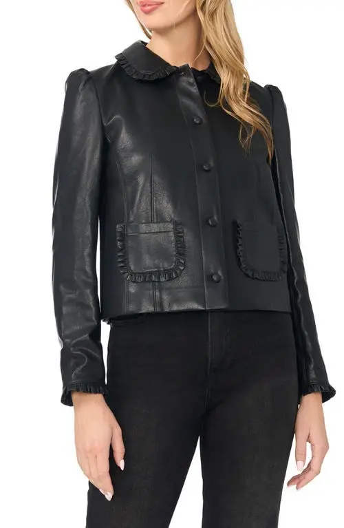 CECE DUPRAZ Crop Ruffle Trim Faux Leather Jacket - Rich Black