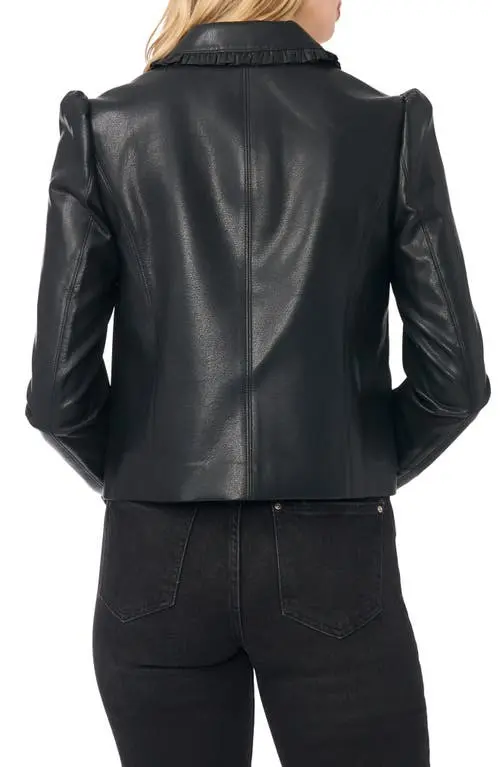 CECE DUPRAZ Crop Ruffle Trim Faux Leather Jacket