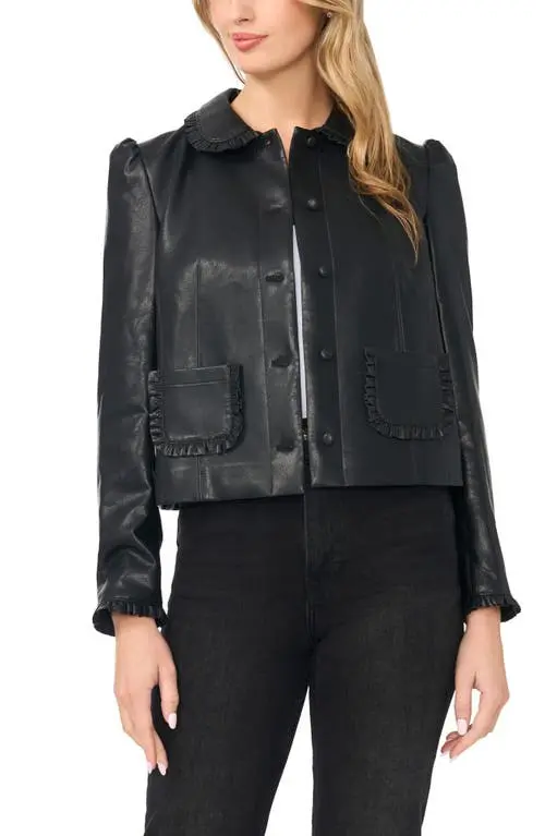 CECE DUPRAZ Crop Ruffle Trim Faux Leather Jacket
