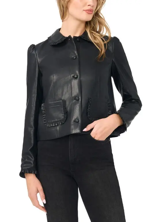 CECE DUPRAZ Crop Ruffle Trim Faux Leather Jacket