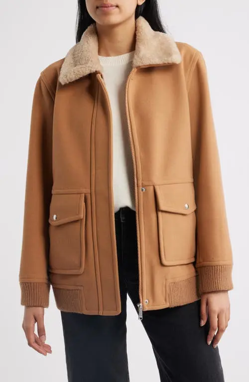 Sam Edelman Relaxed Bomber Jacket With Faux Shearling Collar - Camel