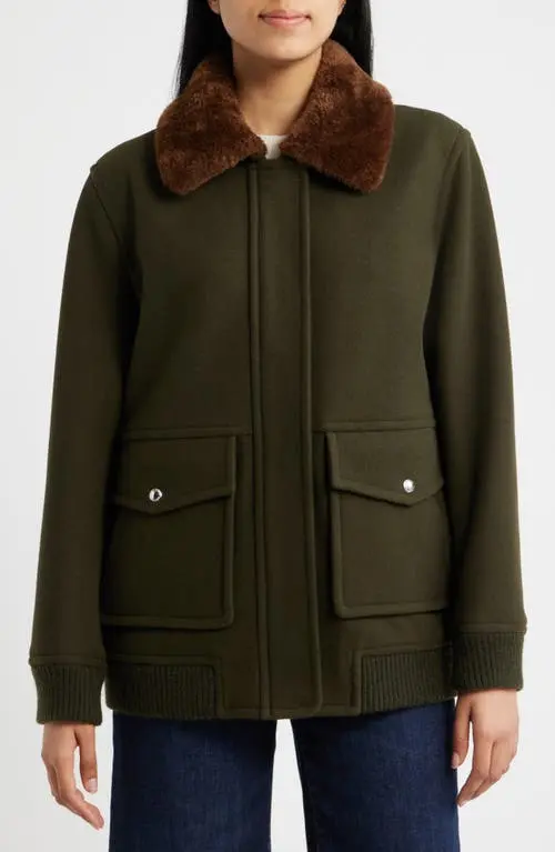 Sam Edelman Relaxed Bomber Jacket With Faux Shearling Collar - Loden