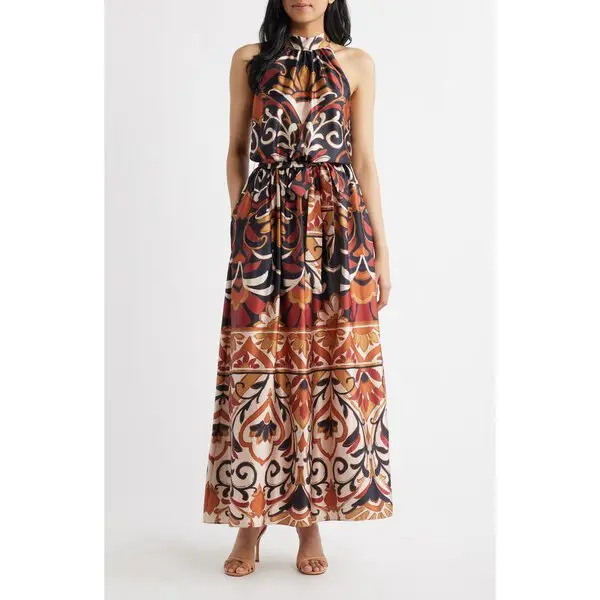 Julia Jordan Floral Print Stretch Satin Maxi Dress - Rust Multi