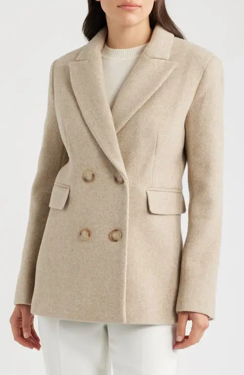 Donna Karan New York Herringbone Wool Double Breasted Coat - Beige/ivory