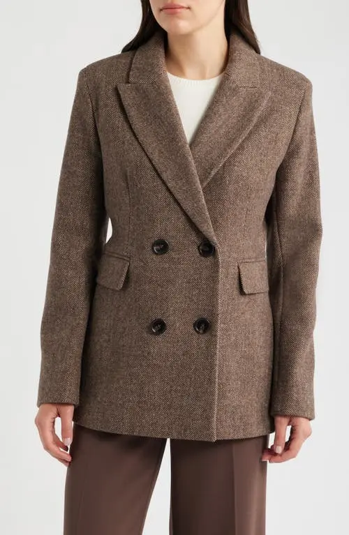 Donna Karan New York Herringbone Wool Double Breasted Coat - Chocolate