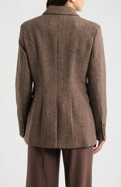 Donna Karan New York Herringbone Wool Double Breasted Coat - Chocolate