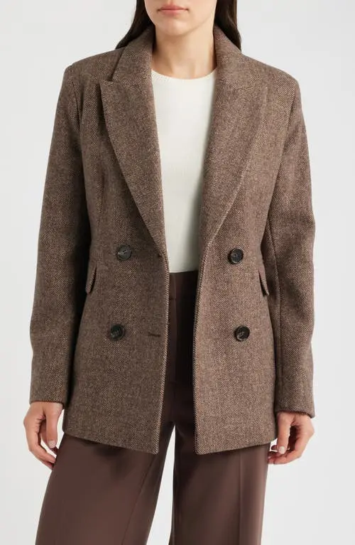 Donna Karan New York Herringbone Wool Double Breasted Coat - Chocolate