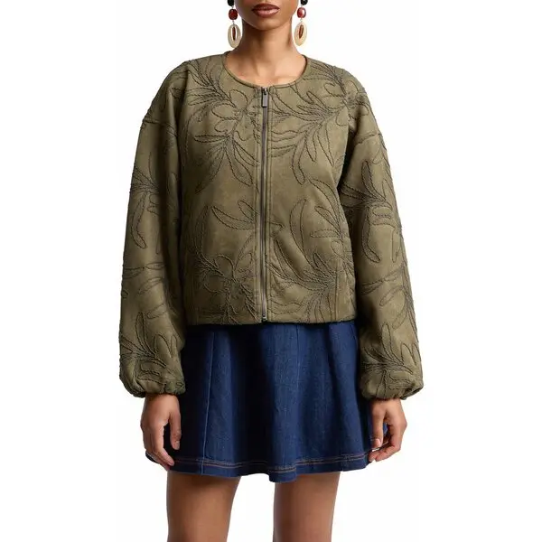 Bagatelle Leaf Embroidery Faux Suede Jacket - Fern