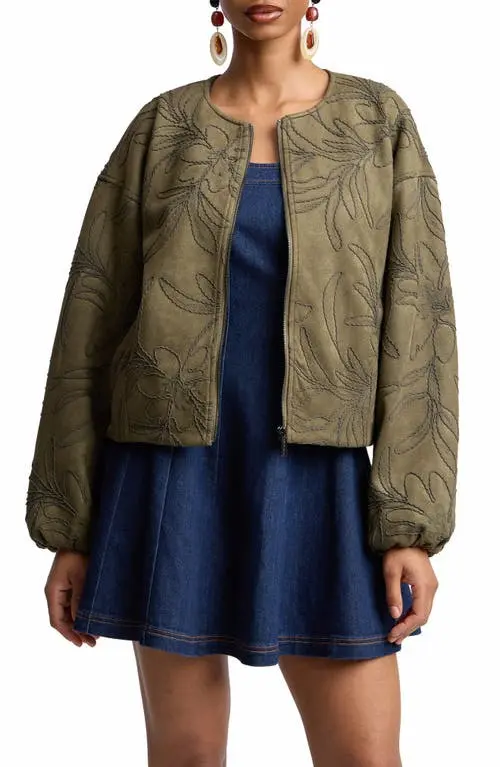 Bagatelle Leaf Embroidery Faux Suede Jacket - Fern
