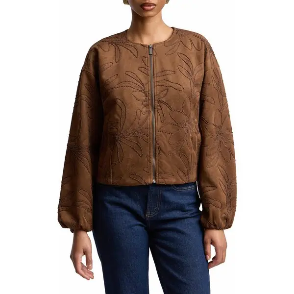Bagatelle Leaf Embroidery Faux Suede Jacket - Mocha