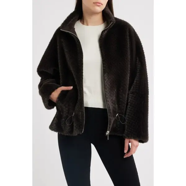 Sam Edelman Reversible Peplum Faux Fur Jacket - Dark Brown