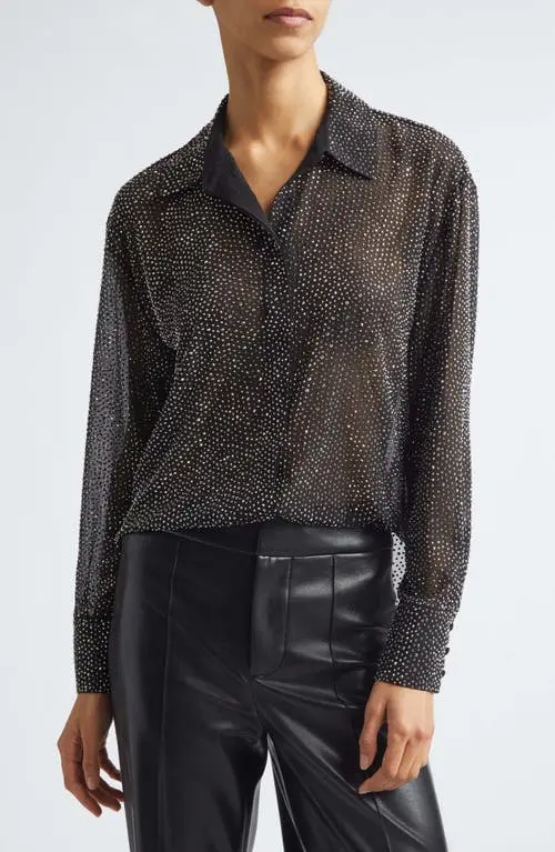 Alice + Olivia Dimitra Crystal Embellished Oversize Sheer Shirt - Black