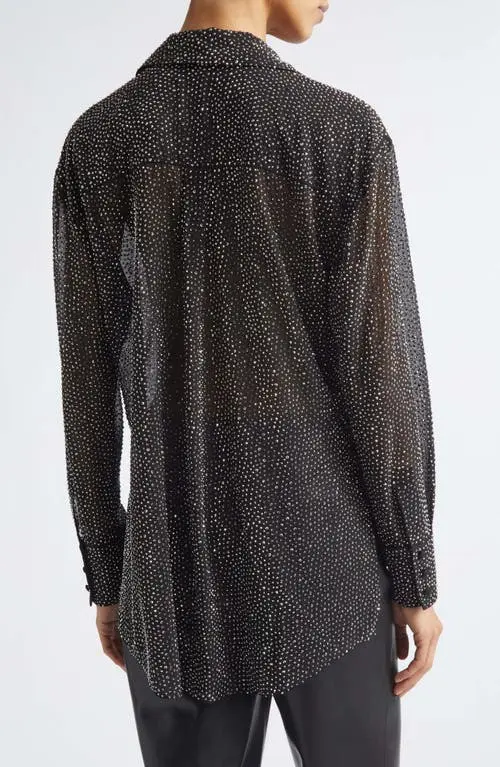 Alice + Olivia Dimitra Crystal Embellished Oversize Sheer Shirt