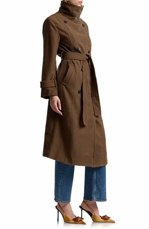 Avec Les Filles Belted Funnel Neck Herringbone Trench Coat