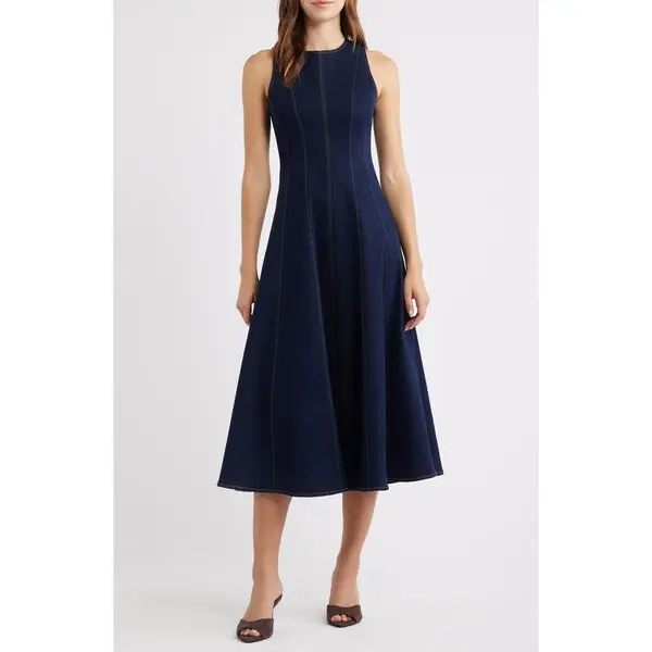 ZOE AND CLAIRE Topstitch Detail Sleeveless Denim Dress - Denim Blue
