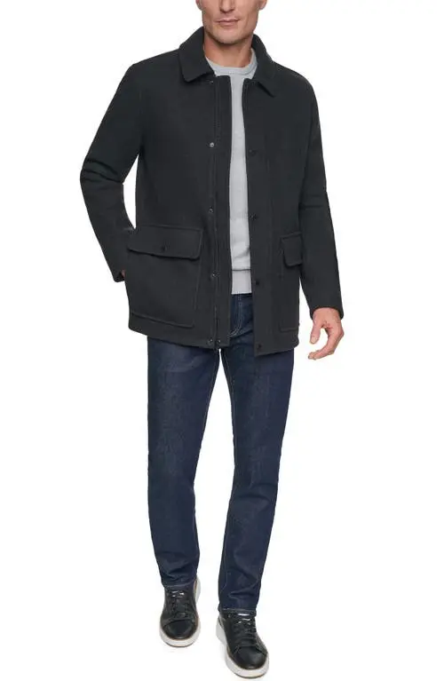Cole Haan Insulated Flannel Wool Jacket With Faux-leather Collar Detail - Black