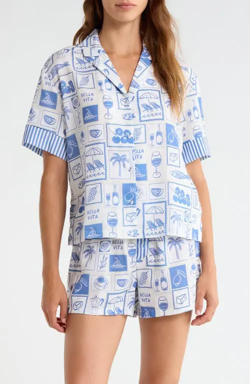 PJ Salvage Notch Collar Top & Boxers Woven Short Pajamas - Denim