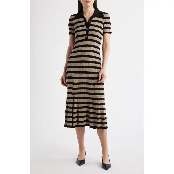 Julia Jordan Stripe Variegate Rib Midi Sweater Dress - Black/mocha Mousee