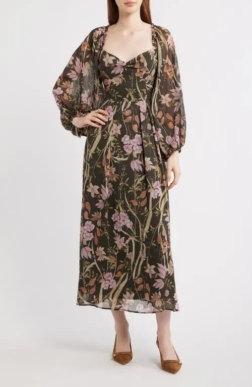 EN SAISON Floral Long Sleeve Chiffon Dress - Black Lilac Olive