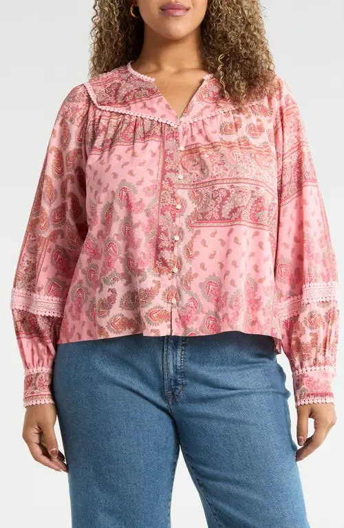 Treasure & Bond Lace Trim Embroidered Top - Pink- Olive Patchwork Paisley