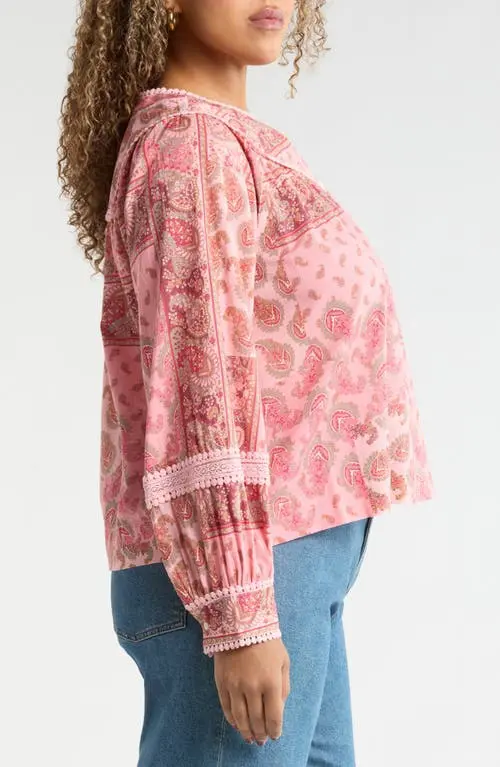 Treasure & Bond Lace Trim Embroidered Top - Pink- Olive Patchwork Paisley