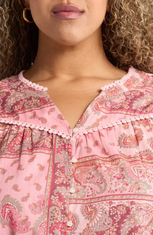 Treasure & Bond Lace Trim Embroidered Top - Pink- Olive Patchwork Paisley