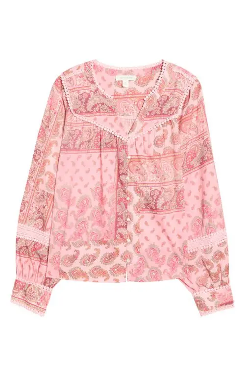Treasure & Bond Lace Trim Embroidered Top - Pink- Olive Patchwork Paisley