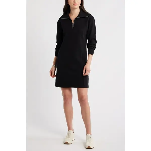 Caslon Long Sleeve Half Zip Knit Travel Dress - Black
