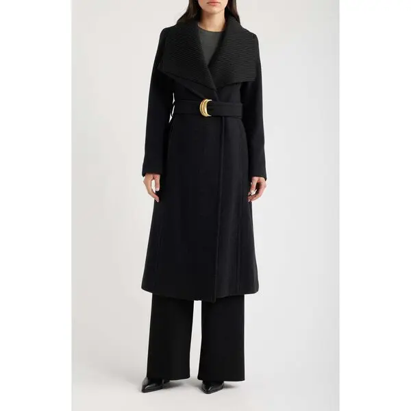 Donna Karan New York Ribbed Collar Belted Coat - Black
