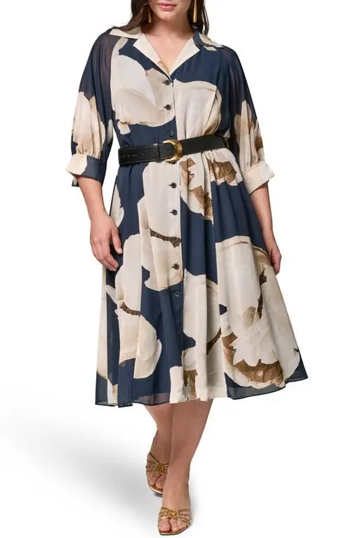 Donna Karan New York Floral Print Chiffon Midi Shirtdress