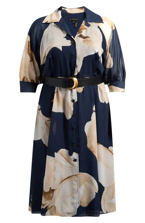 Donna Karan New York Floral Print Chiffon Midi Shirtdress